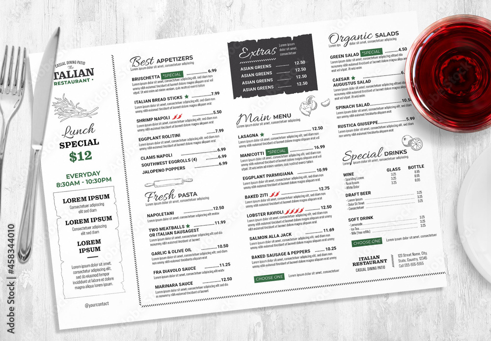 Landscape Table Mat Menu with Italian Restaurant Theme Stock Template ...
