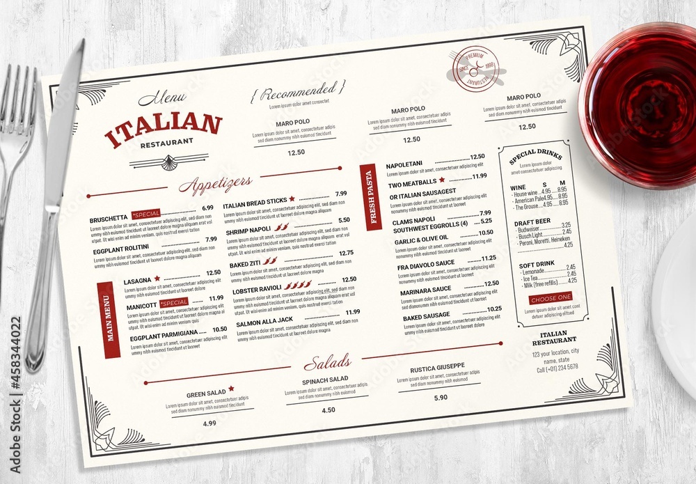 Menu Layout Landscape Table Mat Food Menu with Ornate Filigree Stock ...