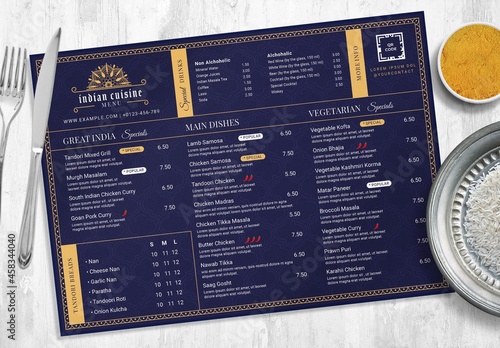 Indian Restaurant Food Menu with Landscape Table Mat Menu Layout Stock ...