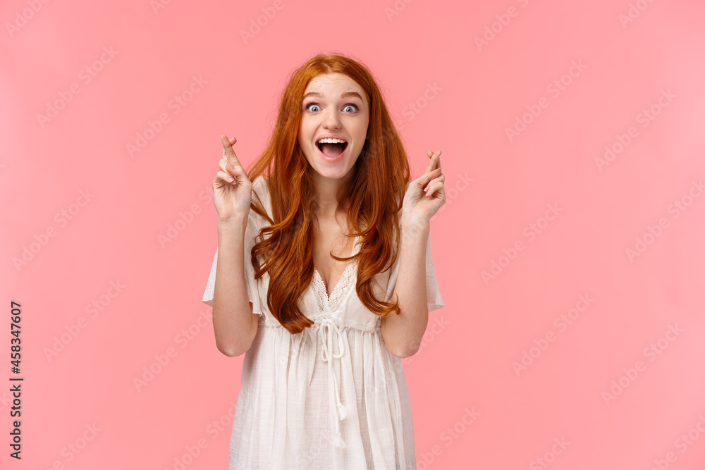 Lucky good-looking happy, excited redhead caucasian girl seeing her ...