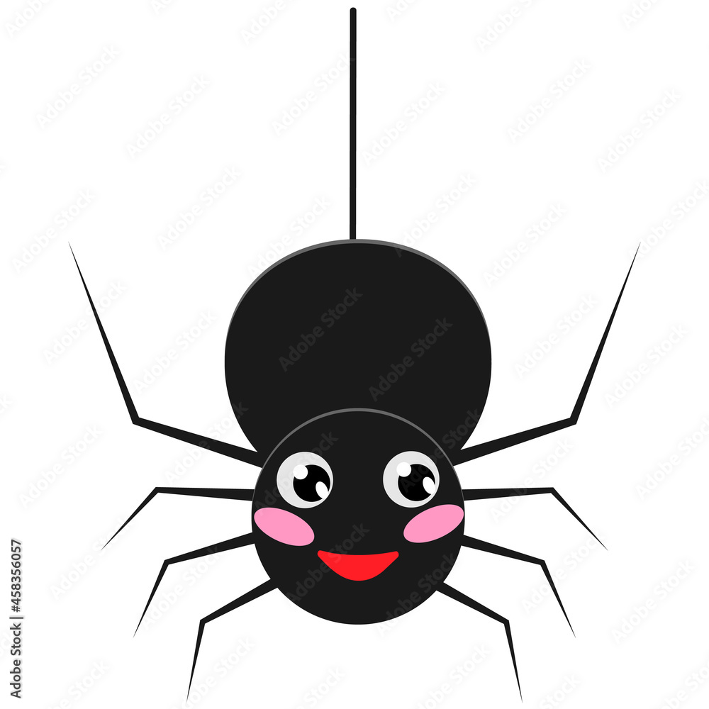 Cute smiling cartoon black spider hanging on a string of cobwebs ...