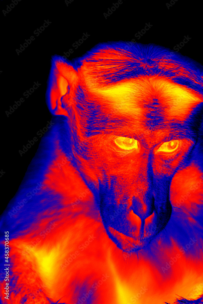 Entertaining portraits of Indian monkey. Scanning animal's body ...