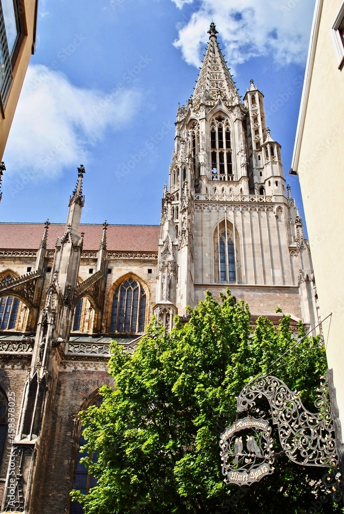 ULM, GERMANY: Sign for the the Ulm Sparrow (German: Ulmer Spatz) Hotel ...