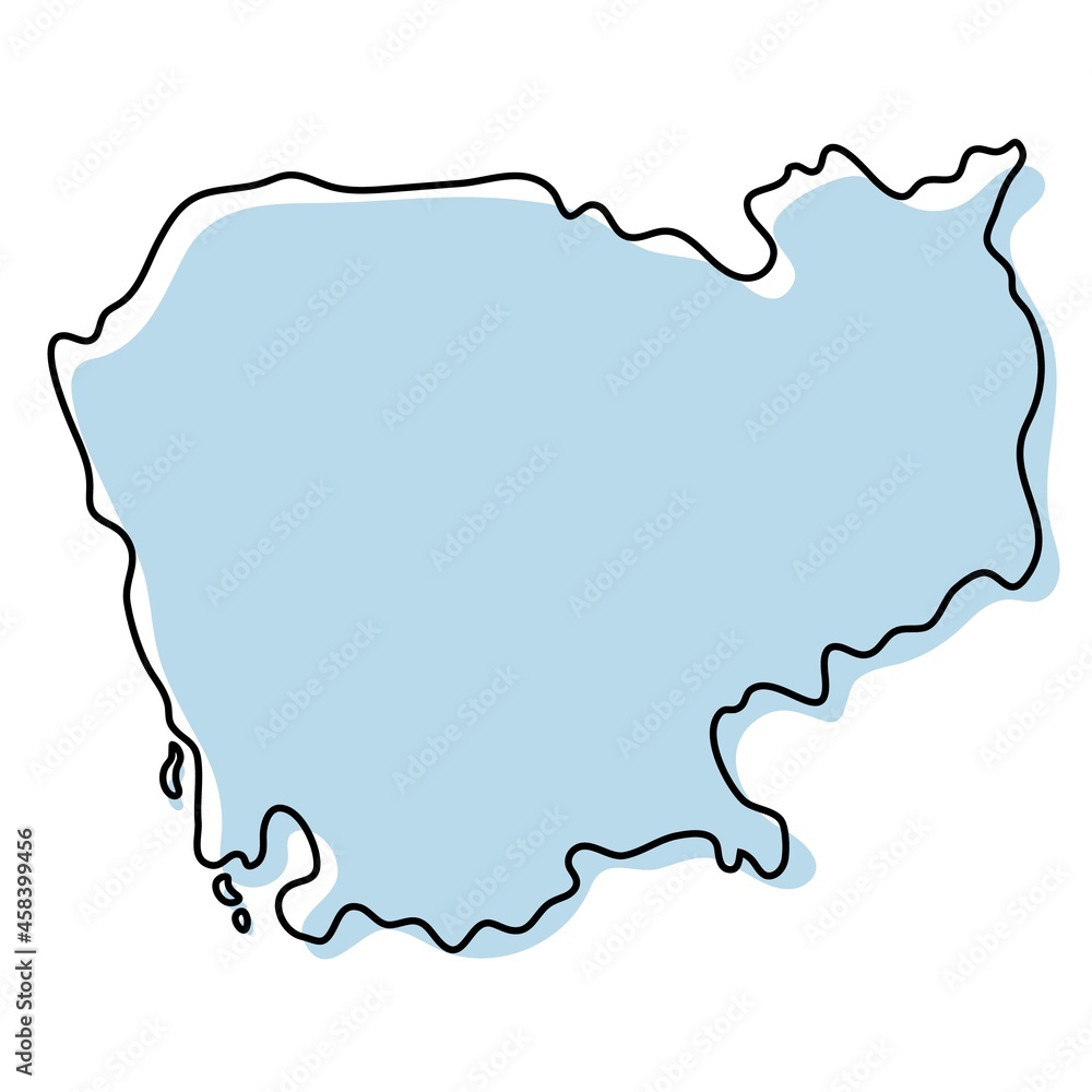 Stylized simple outline map of Cambodia icon. Blue sketch map of ...
