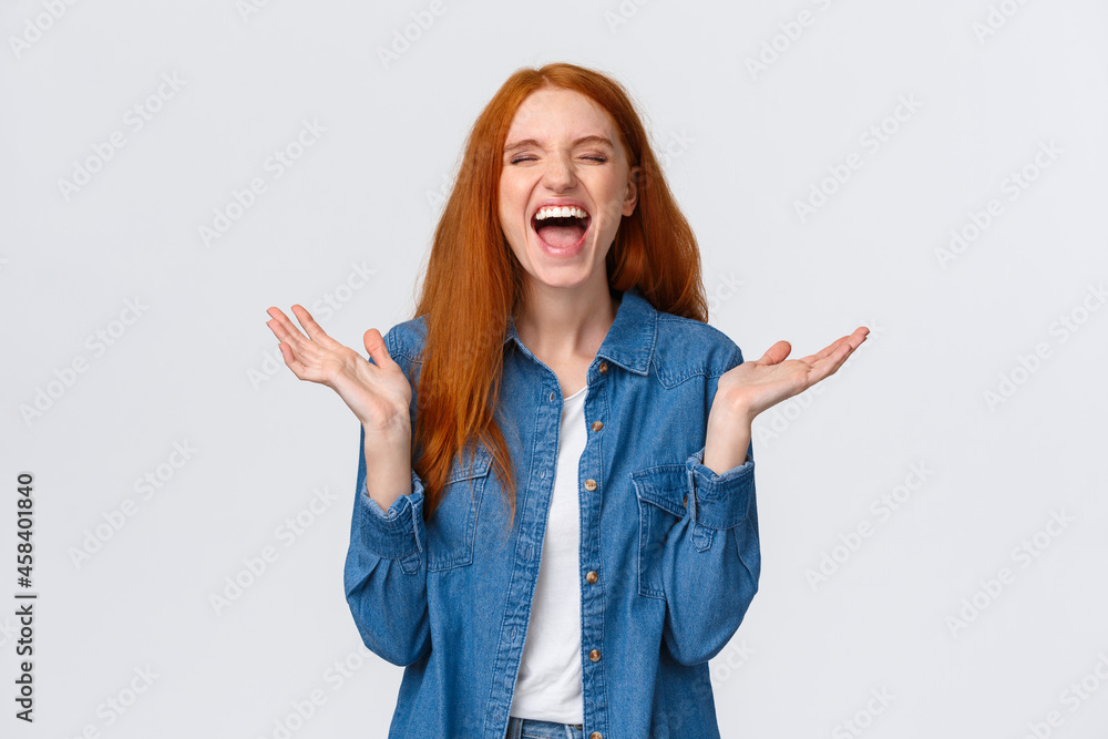 Lol so funny. Amused and carefree pretty redhead female student clap ...