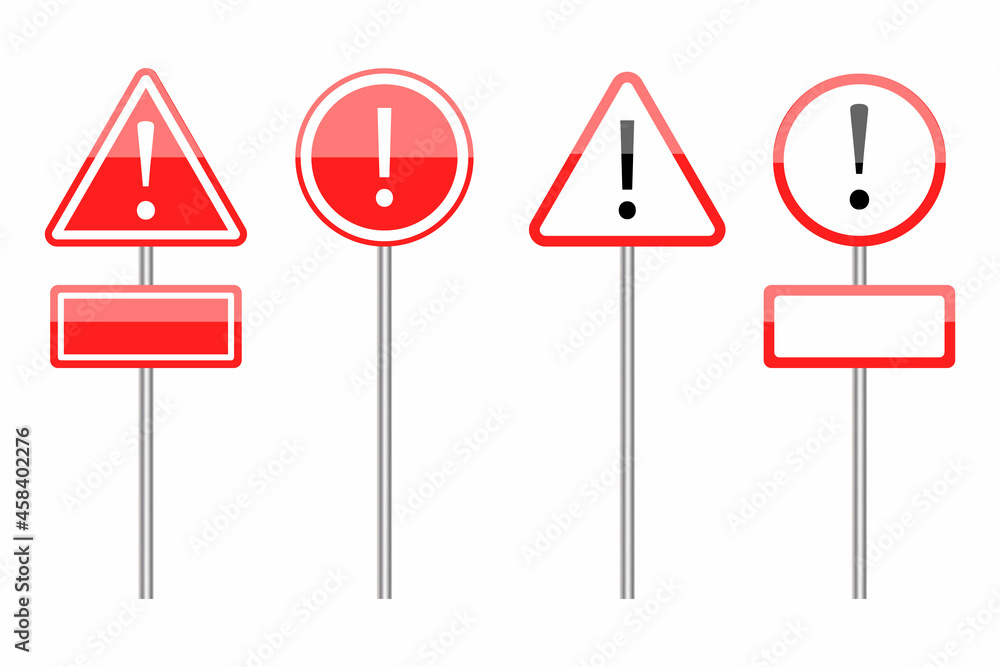 Triangle and circle road mark on a column. Red warning signs. Red ...