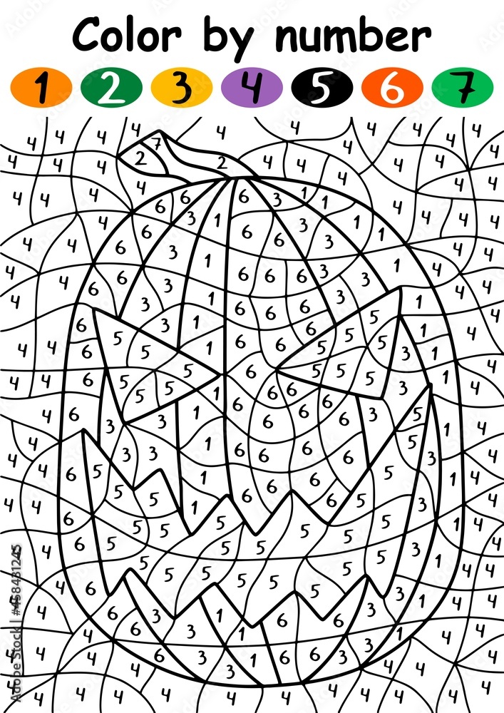 Halloween pumpkin color by number vector illustration. Educational ...