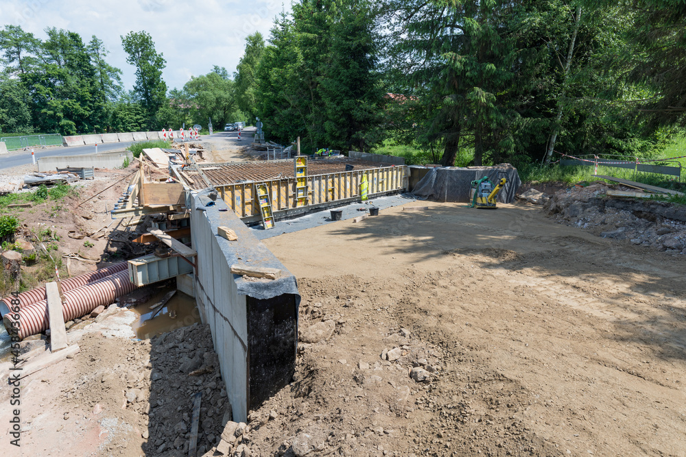 Bridge reconstruction. Panels with reinforcing steel bars on top of ...