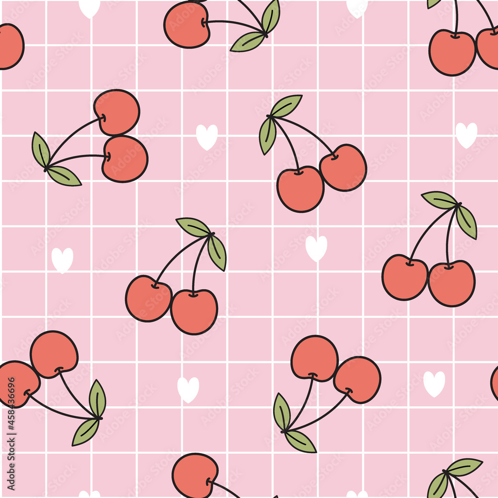 Seamless pattern red ripe cherry with square grid background hand drawn ...