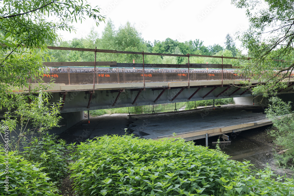 Bridge reconstruction. Panels with reinforcing steel bars on top of ...
