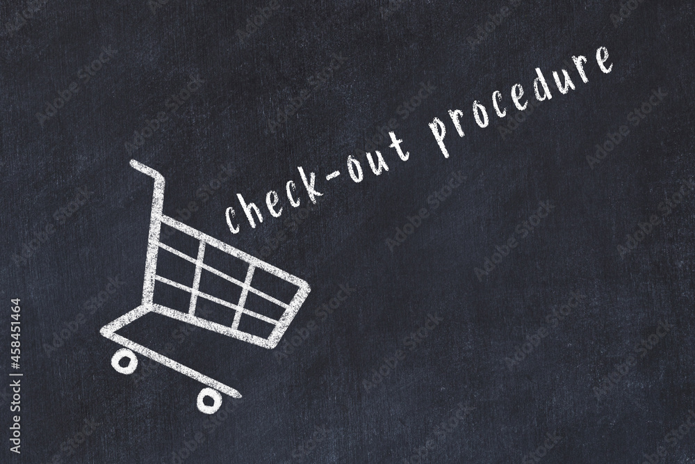 Chalk drawing of shopping cart and word check-out procedure on black ...