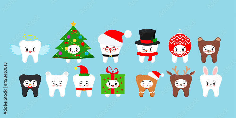 Chistmas cute teeth dental set in carnival costume isolated. Xmas white ...