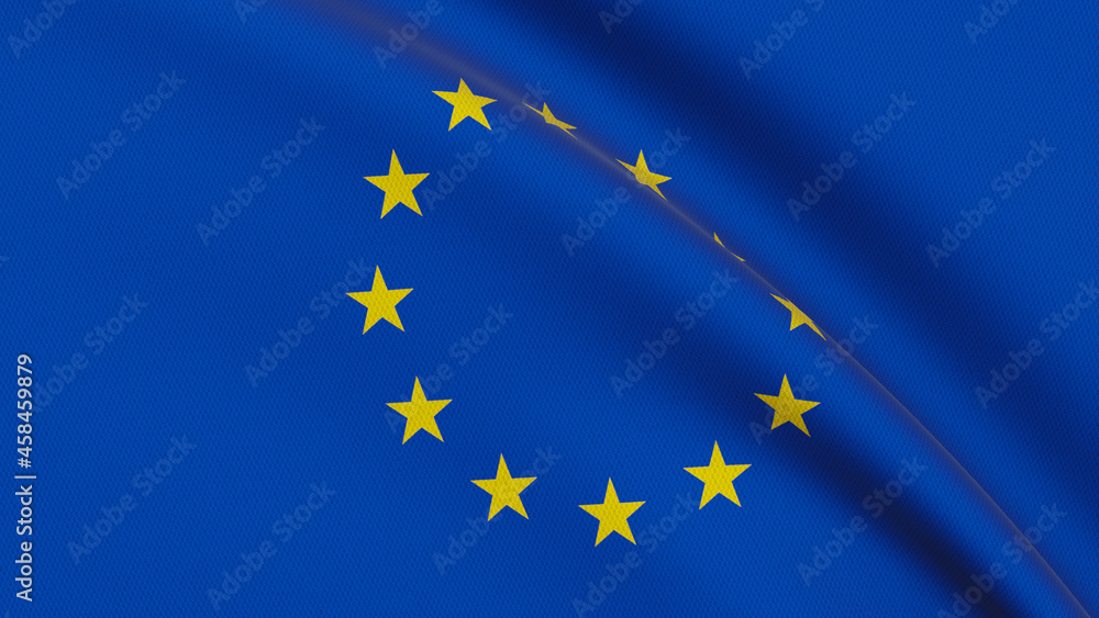 Flag of European Union. Close-up of a flying flag moved by the wind ...