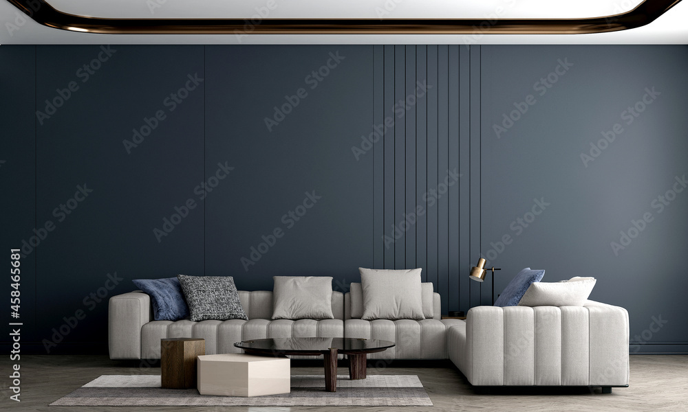 Modern living room and empty blue pattern wall texture background ...