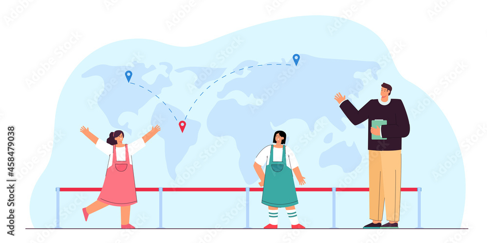 Cartoon girl meeting friend from different country. World map with ...