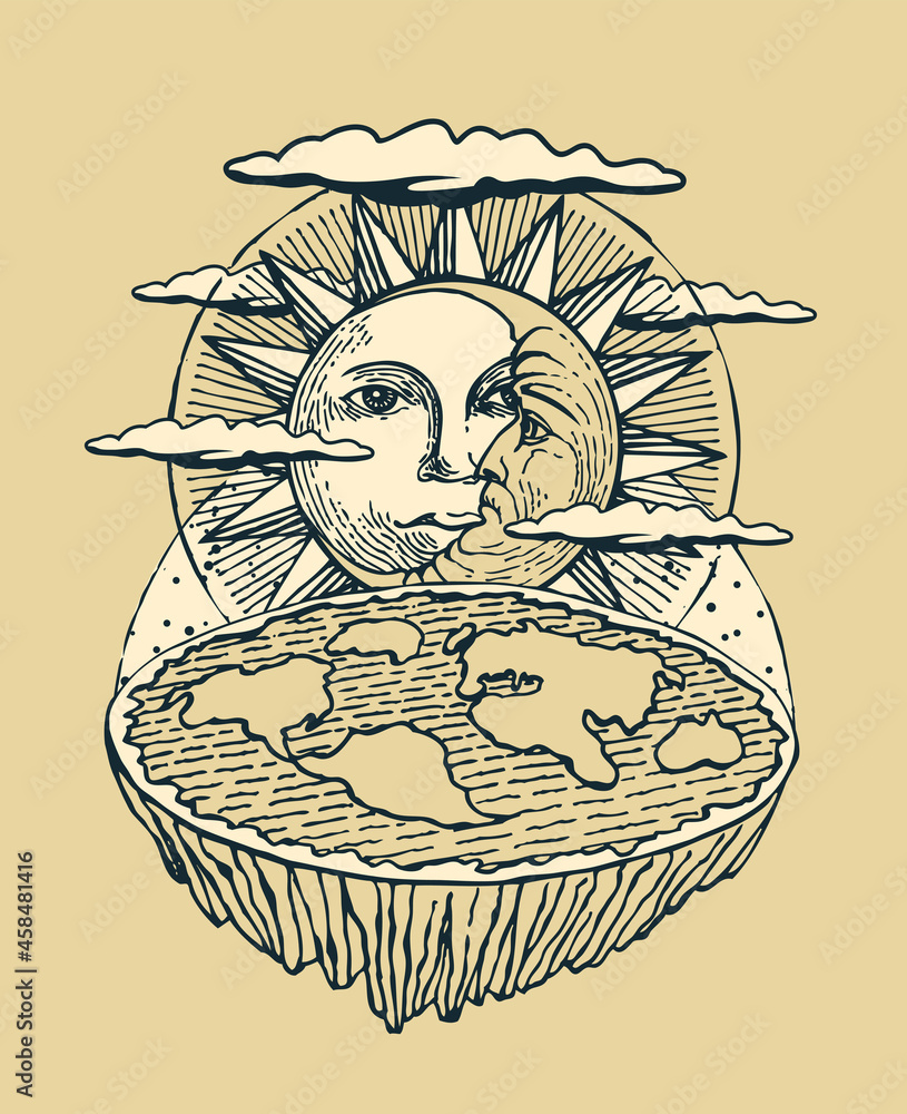 Hand-drawn banner with flat Earth, the Sun and Moon. Old Vision of ...