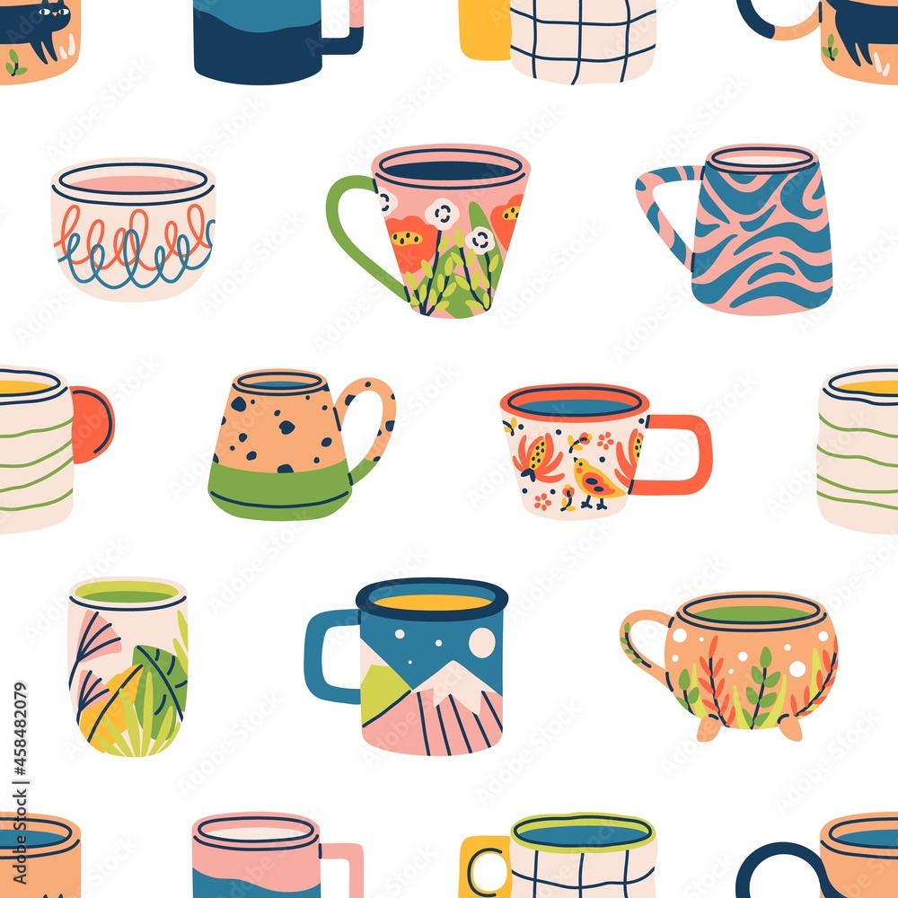 Seamless pattern with modern tea cups and mugs on white background ...