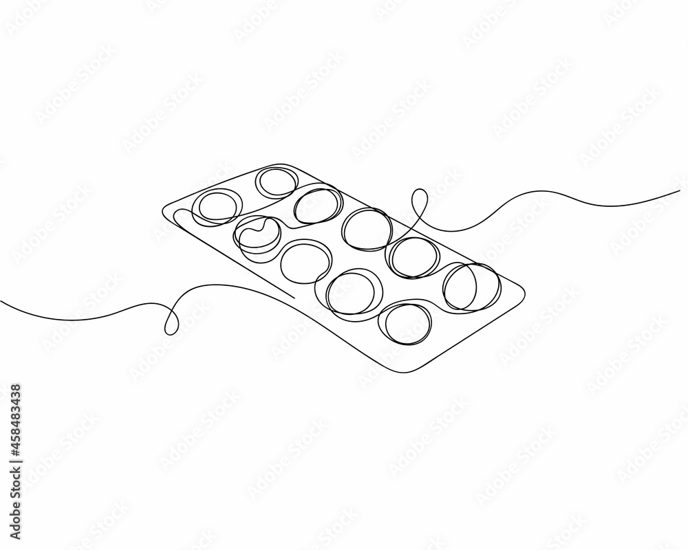 Continuous one line drawing of blister with pills in silhouette on a ...