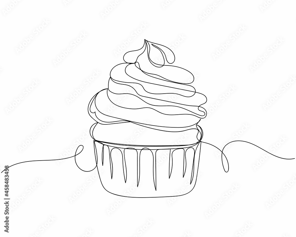 Continuous one line drawing of delicious cupcake with cream in ...