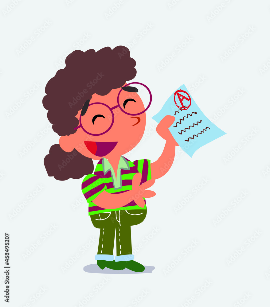 happy cartoon character of little girl on jeans explaining something ...