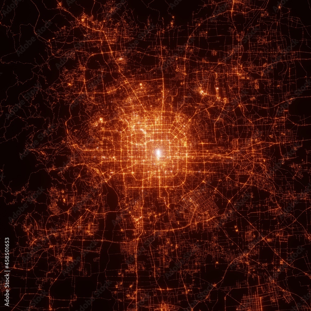 Beijing city lights map, top view from space. Aerial view on night ...