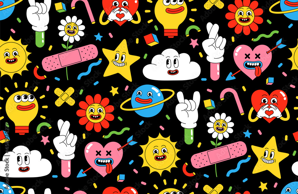 Cartoon characters background. Seamless pattern with funny stickers and ...