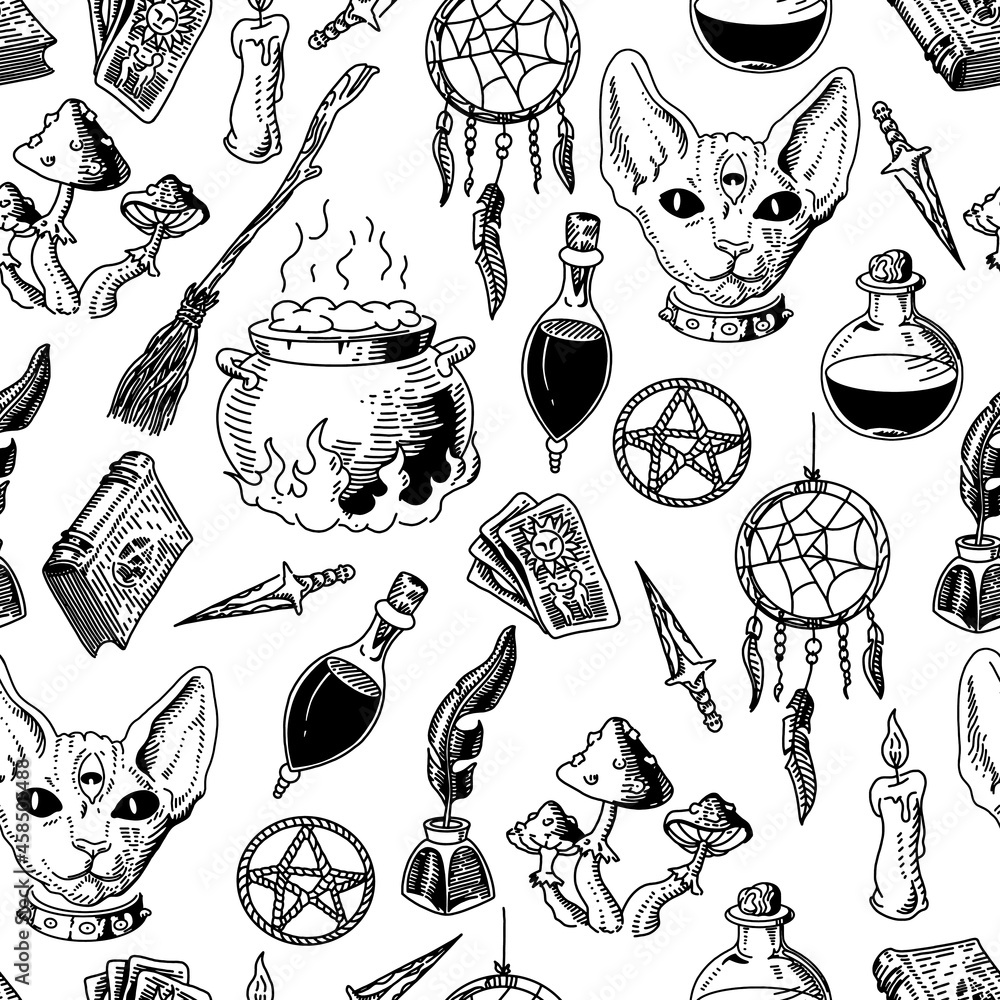 Seamless pattern with mystical and mysterious objects. drawing in the ...