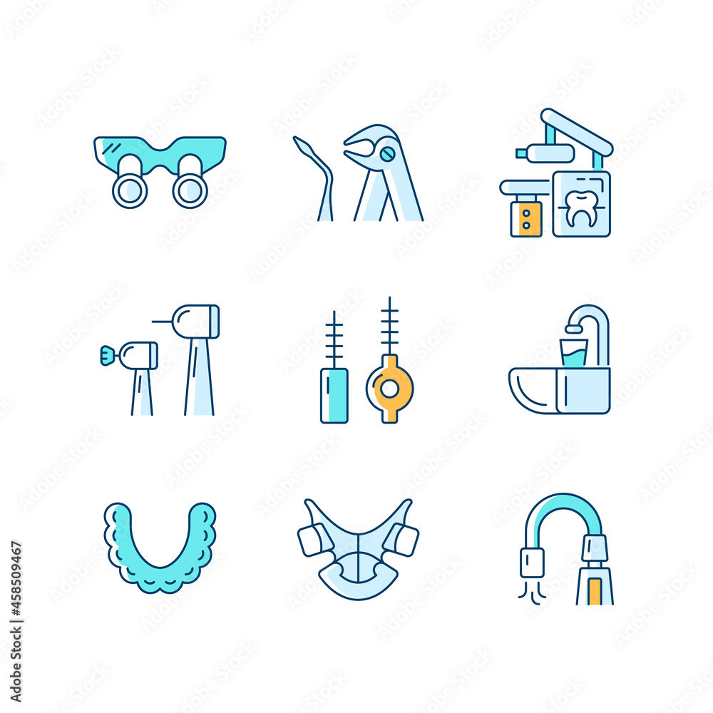 Dental visit RGB color icons set. Orthodontic appliances. Tooth ...