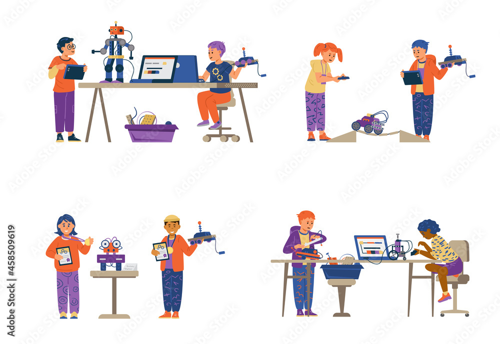 Kids robotics vector set. Boys and girls in pairs programming and ...