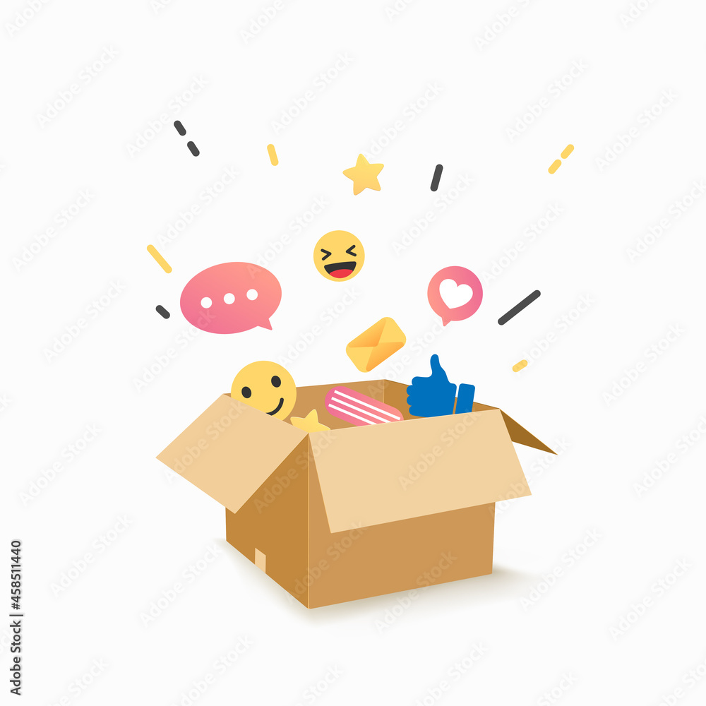 Emoji character with different social network symbols in the box ...
