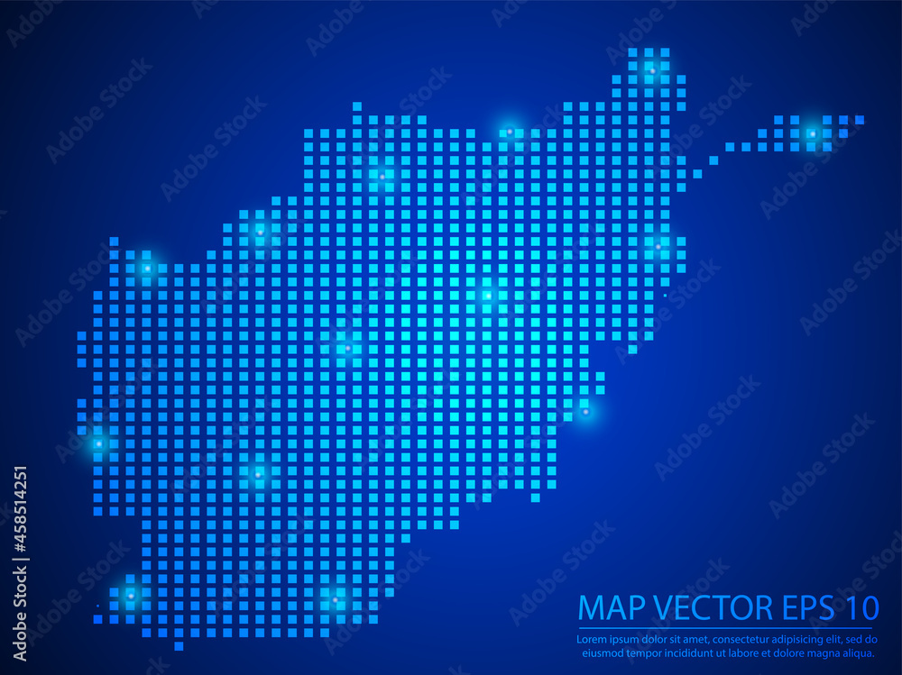 Pixel mosaic glow blue dot map with light on blue background of map of ...
