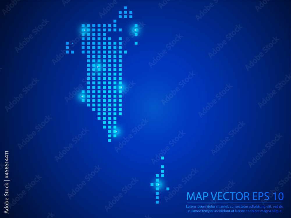 Pixel mosaic glow blue dot map with light on blue background of map of ...