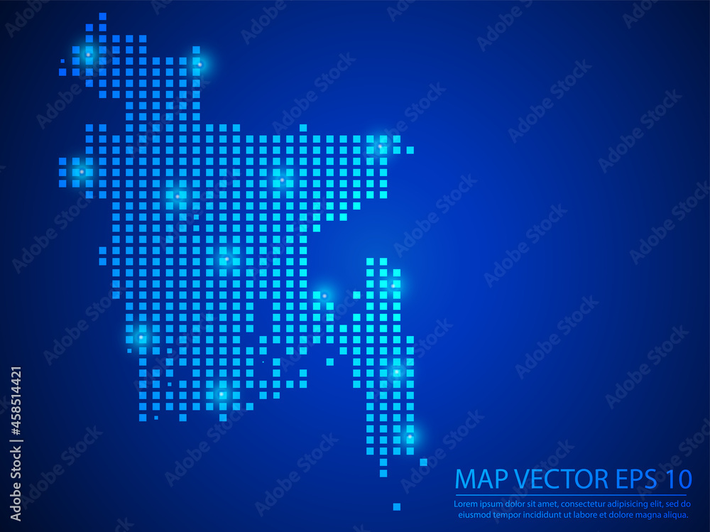 Pixel mosaic glow blue dot map with light on blue background of map of ...