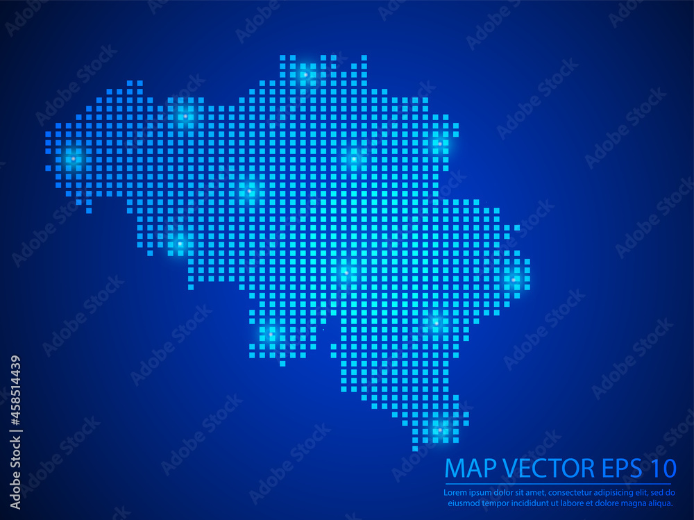 Pixel mosaic glow blue dot map with light on blue background of map of ...