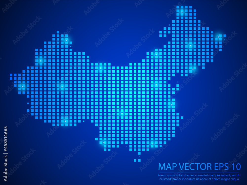 Pixel mosaic glow blue dot map with light on blue background of map of ...