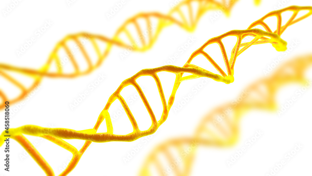 Viewed in an electron microscope DNA molecules on a white isolated ...