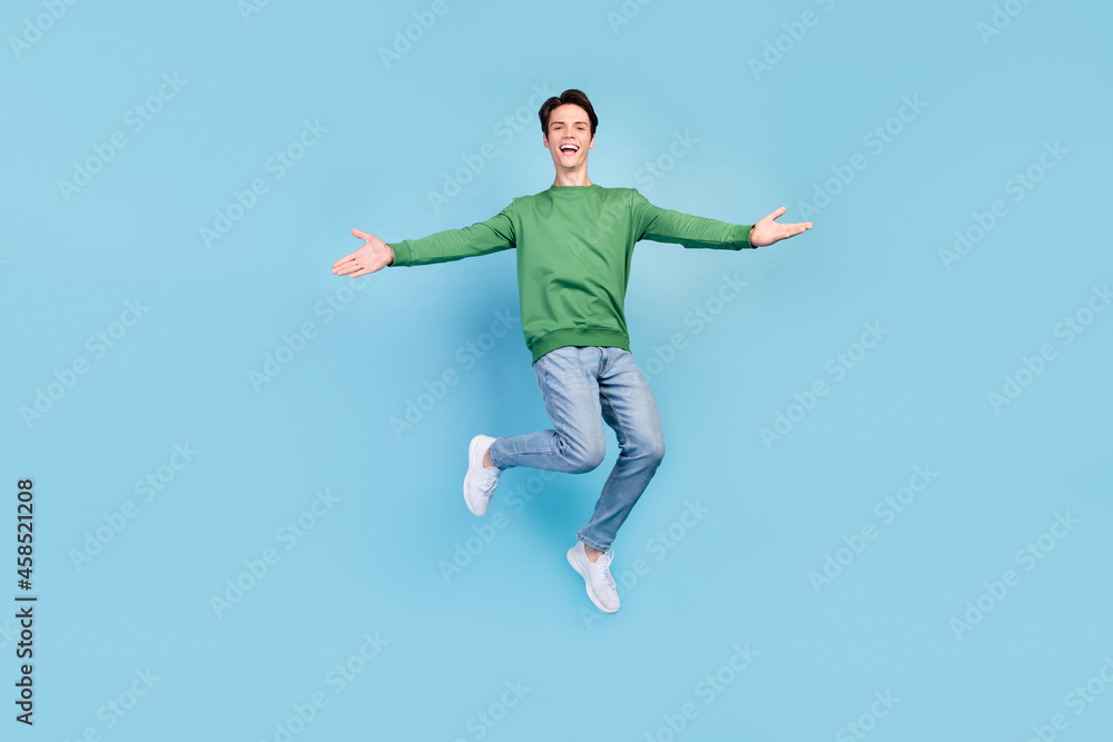 Full length body size photo guy jumping high inviting friends embracing ...