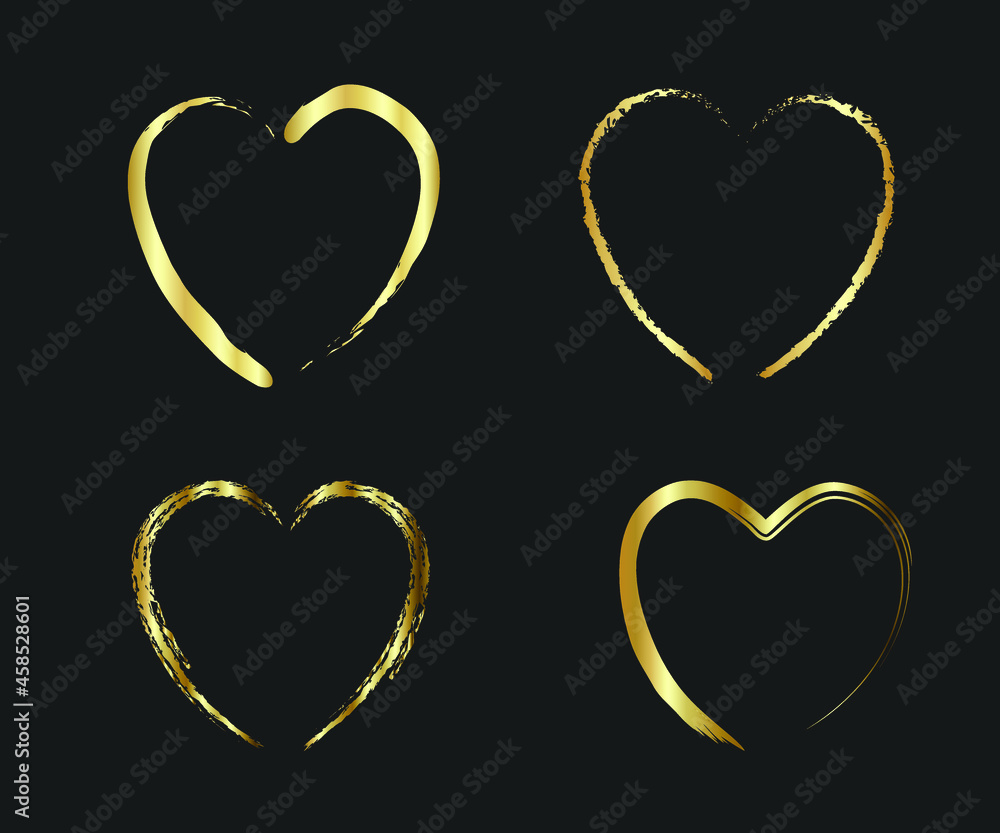 Gold Hearts. Hand drawn hearts brushes. Hand painted heart shape ...