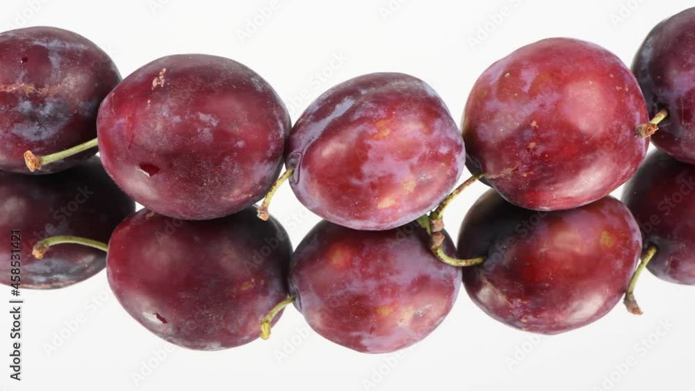 Plums in a row on mirror. Side view. Loop motion. Rotation 360. 4K UHD ...