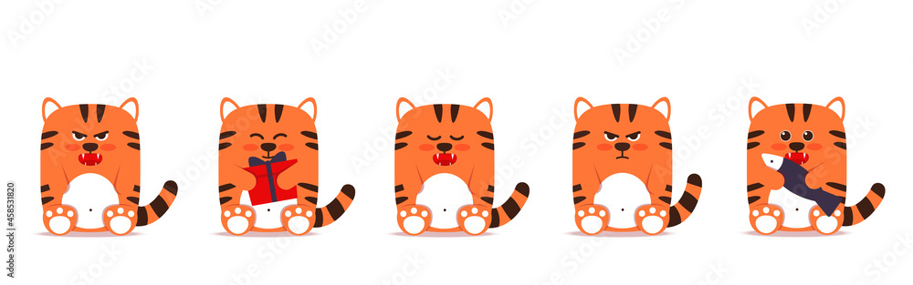 Vecteur Stock Set of cute little tigers cats in a flat style. Animal symbol for Chinese New Year ...