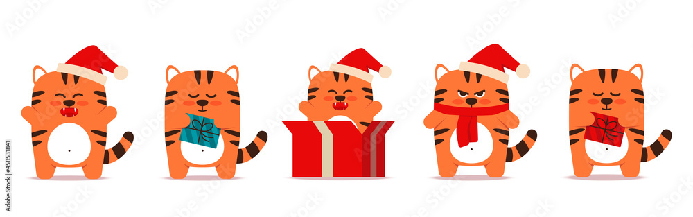 cute little tigers cats in a flat style. Animal with a Christmas cap, with a gift in a gift box ...