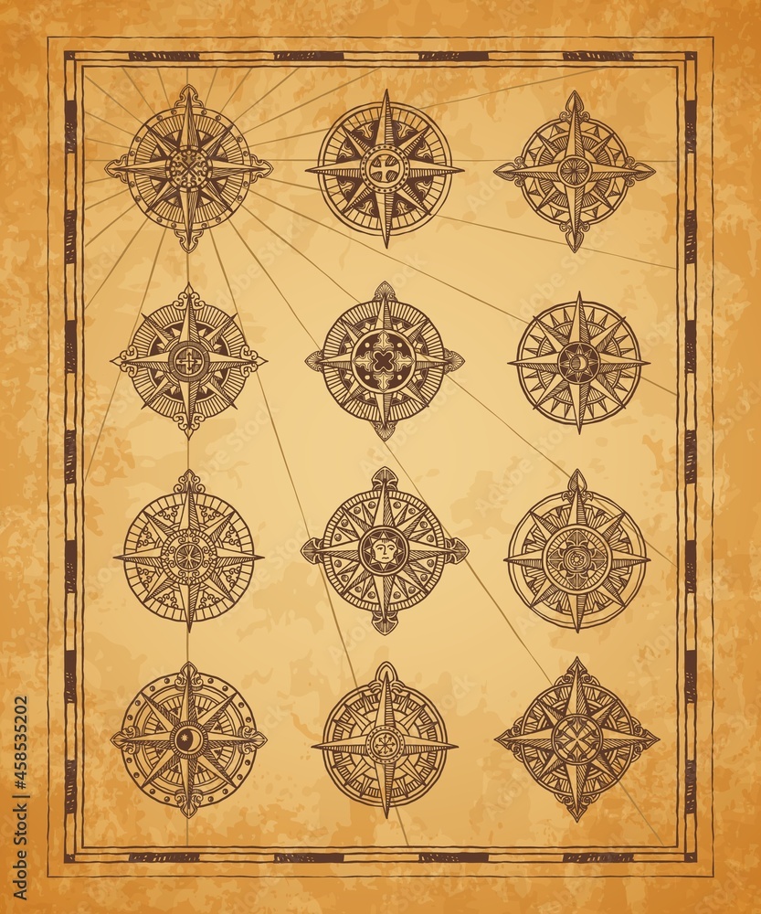 vintage nautical map compass roses. Longitude and latitude ancient map ...