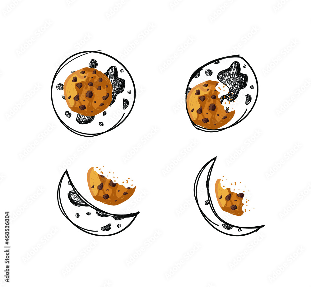 Vector hand drawn moon phases with bitten cookies isolated on white ...