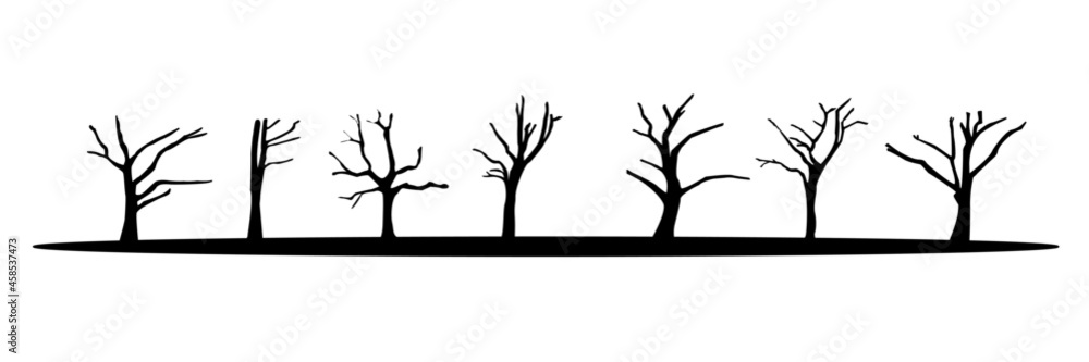 vector illustration set Dry bare tree silhouette with no living leaves ...