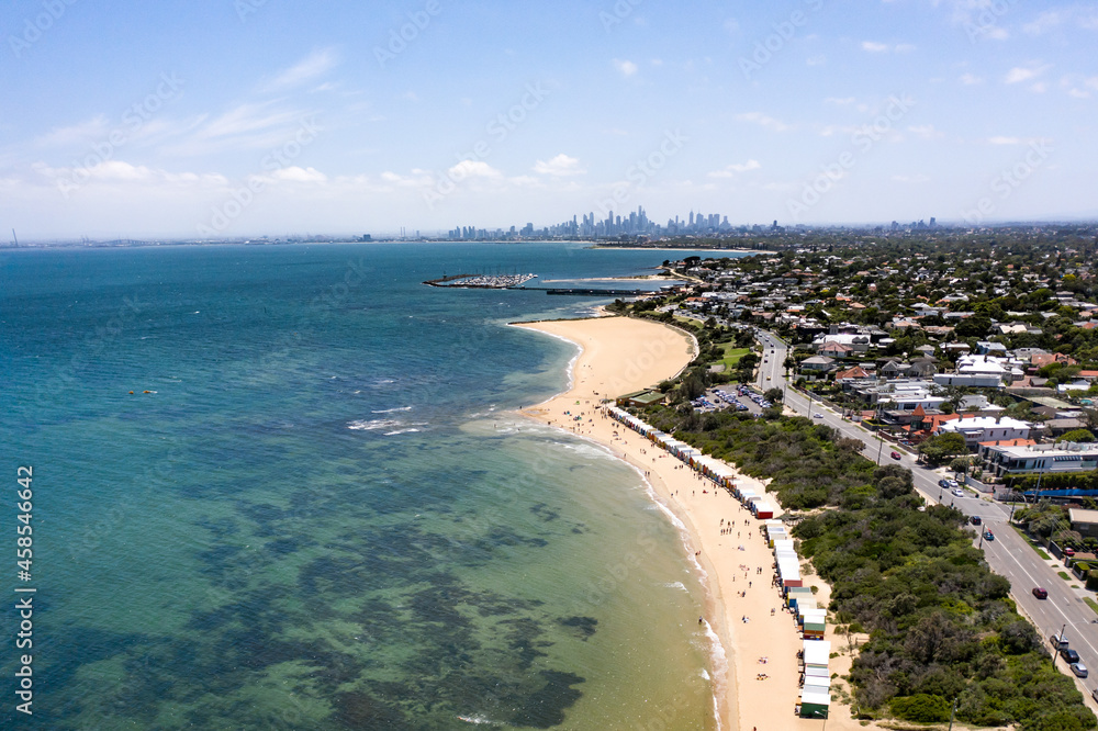 Brighton and Dendy Beach with Melbourne City Skyline Stock Photo ...