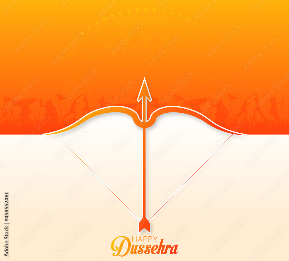 Happy Dussehra Indian festival with bow, arrow and war scene of Ramayan ...