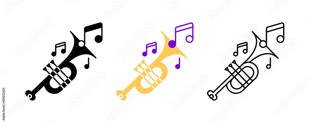 Trumpet and musical notes icon set. Entertainment and music icon. Art ...