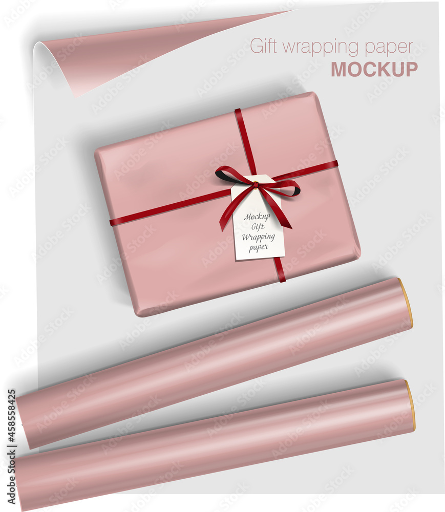Vector gift wrapping paper rolls mock up and box with bow on light ...