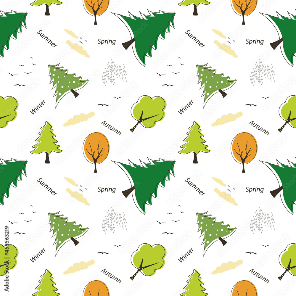 Four seasons seamless pattern. Autumn, summer, winter and spring trees ...