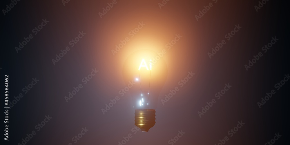 Ai light bulb. Artificial Intelligence text inside of glowing 3D light ...